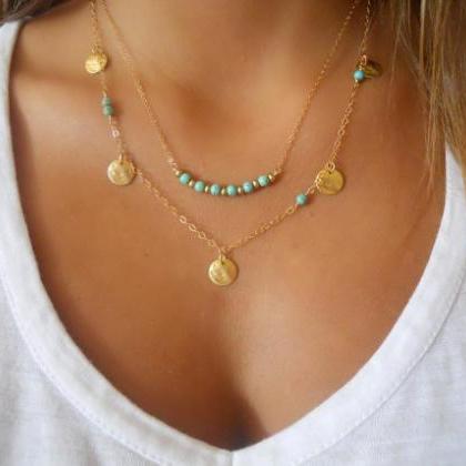 Gold Teardrop Turquoise Multi Layered Dainty Necklace on Luulla
