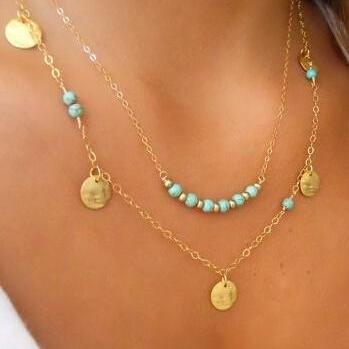 Gold Teardrop Turquoise Multi Layered Dainty Necklace on Luulla