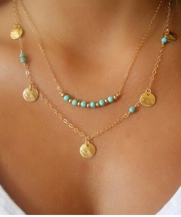 Gold Teardrop Turquoise Multi Layered Dainty Necklace on Luulla